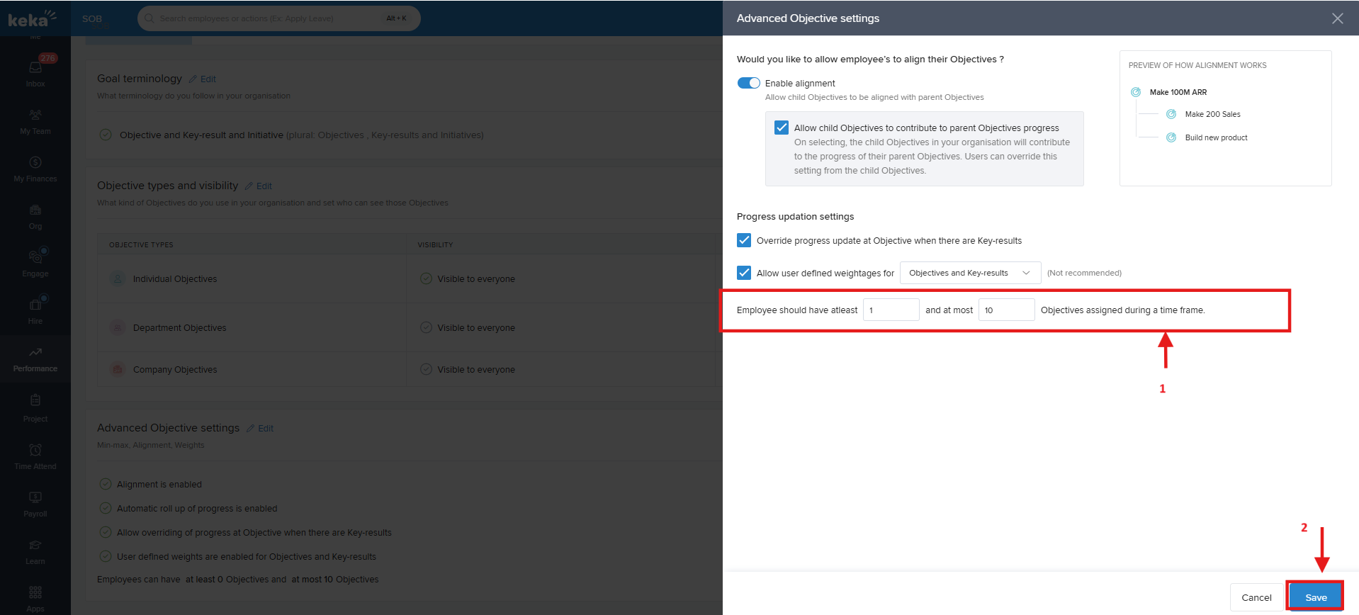 How to set a minimum and maximum limit of goals/objectives to be set ...